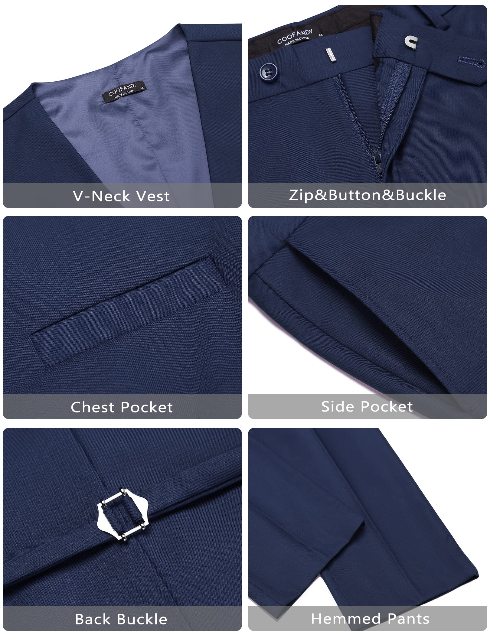 COOFANDY Men's 3 Pieces Suit Elegant Tux Wedding Prom Party Tuxedo Blazer Navy Blue XXL