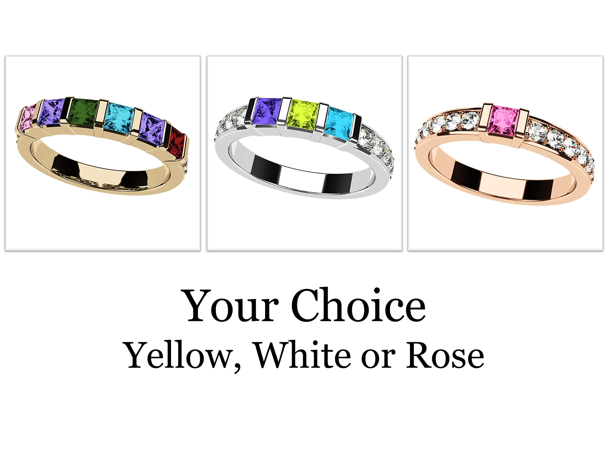 Central Diamond Center Princess with side CZs Mothers rings 1 to 6 Simulated Birthstones - Sterling Silver - Size 7
