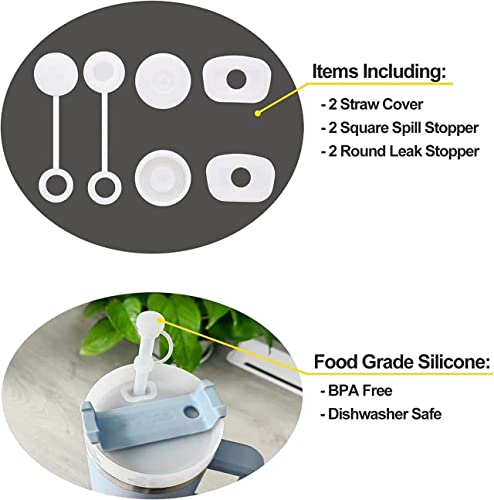 Silicone Spill Proof Stopper Set of 3, Compatible with Stanley Cup 1.0 40oz/ 30oz,Tumbler Accessories, Including 2 Straw Cover Cap,2 Square Spill Stopper and 2 Round Leak Stopper