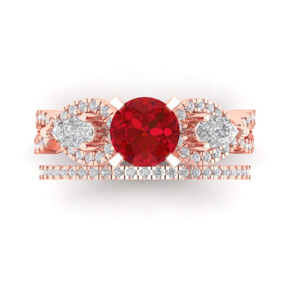 Clara Pucci 1.94 carat Round Cut Solitaire 3 stone Simulated Red Ruby Wedding Anniversary Bridal ring band set 14k Rose Gold 10.25