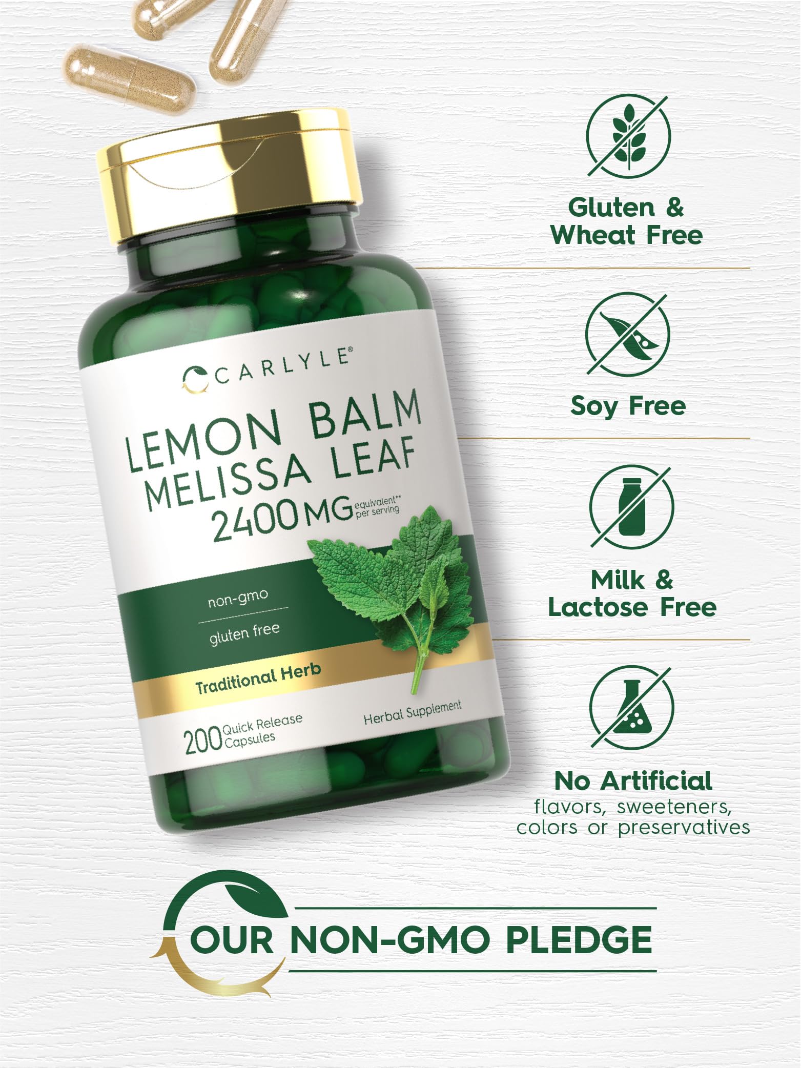 Carlyle Melissa Lemon Balm | 200 Capsules | Non-GMO and Gluten Free Formula | Melissa Leaf Traditional Herbal Supplement | Super Concentrated Extract