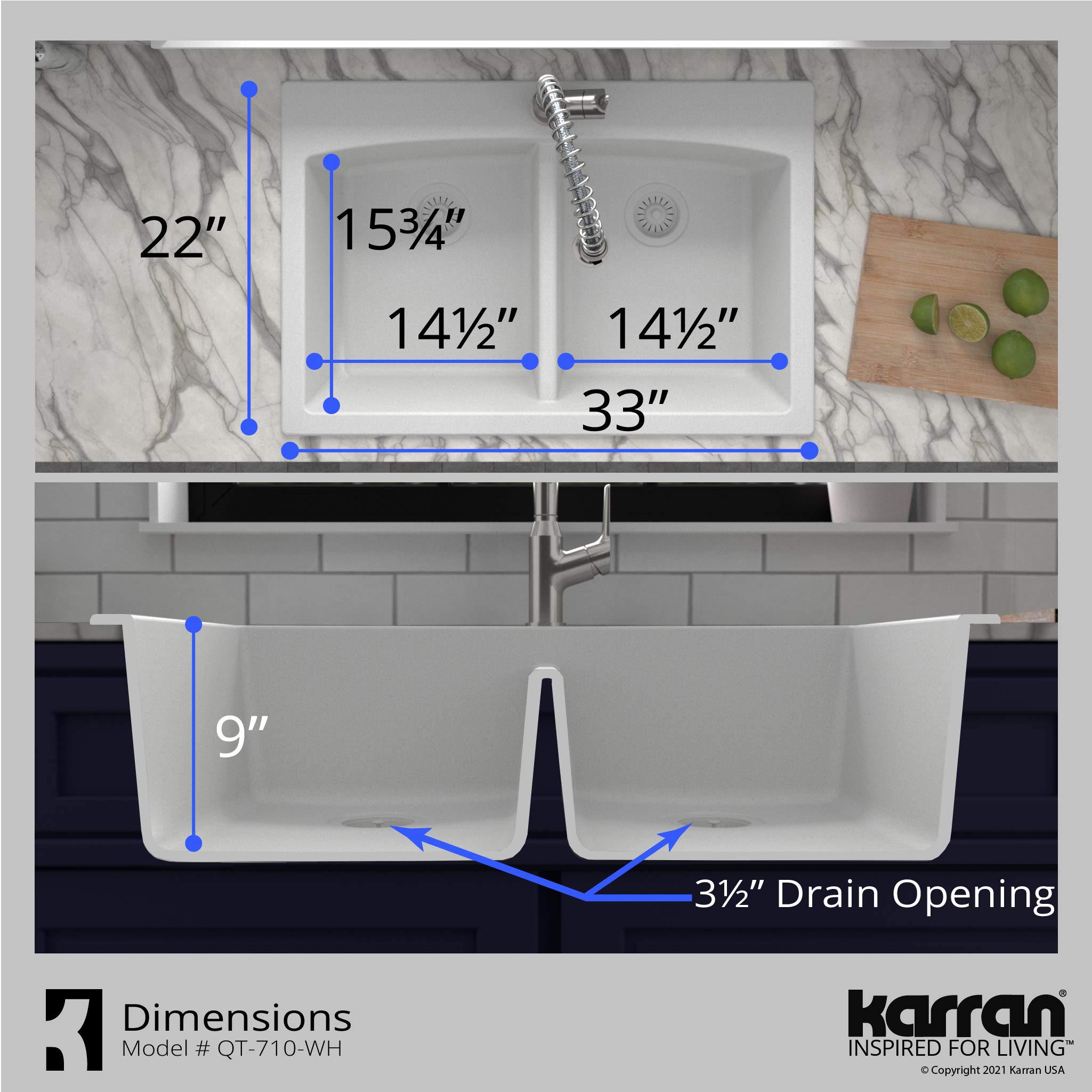Karran QT-710 Drop-in Quartz Composite 33 in. 1-Hole 50/50 Double Bowl Kitchen Sink Kit in White