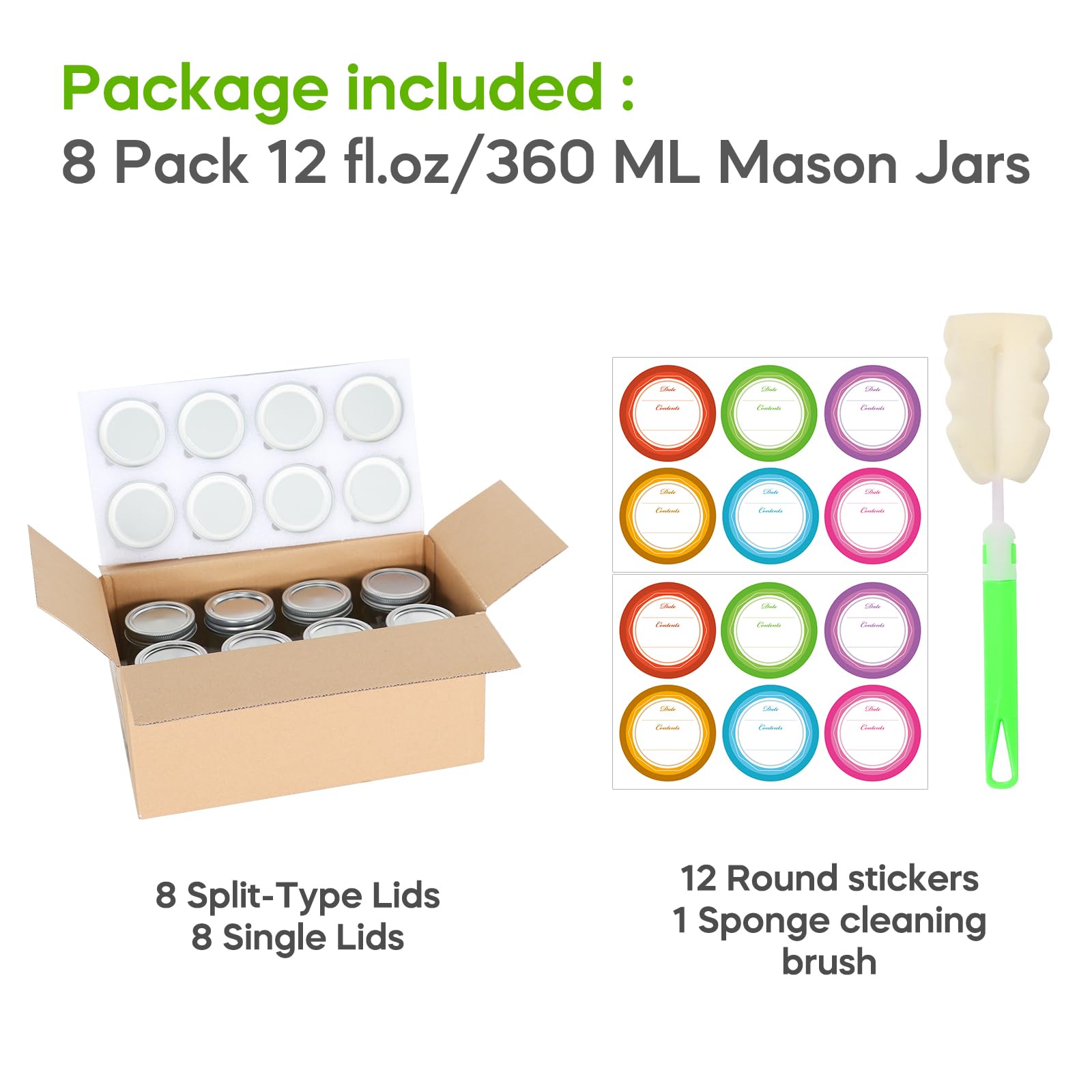 Homerove 12 oz Glass Regular Mouth Mason Jar with Airtight Lid, 8 Pack Canning Jars, 8 Split-Type Lids&8 Single Lids Included, Clear Glass Jars for Canning, Meal Prep, Candies, DIY Projects