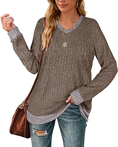 Long Sleeve Tops for Women V Neck Lightweight Tunic Sweaters Color Block Coffee XL