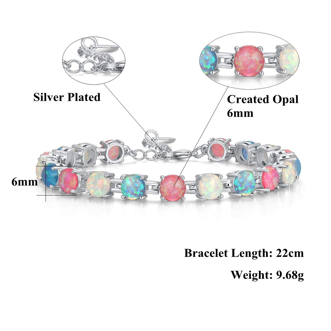 CiNily Created White Blue Pink Fire Opal Rhodium Plated for Women Jewelry Gemstone Bracelet 7"-8 1/2"