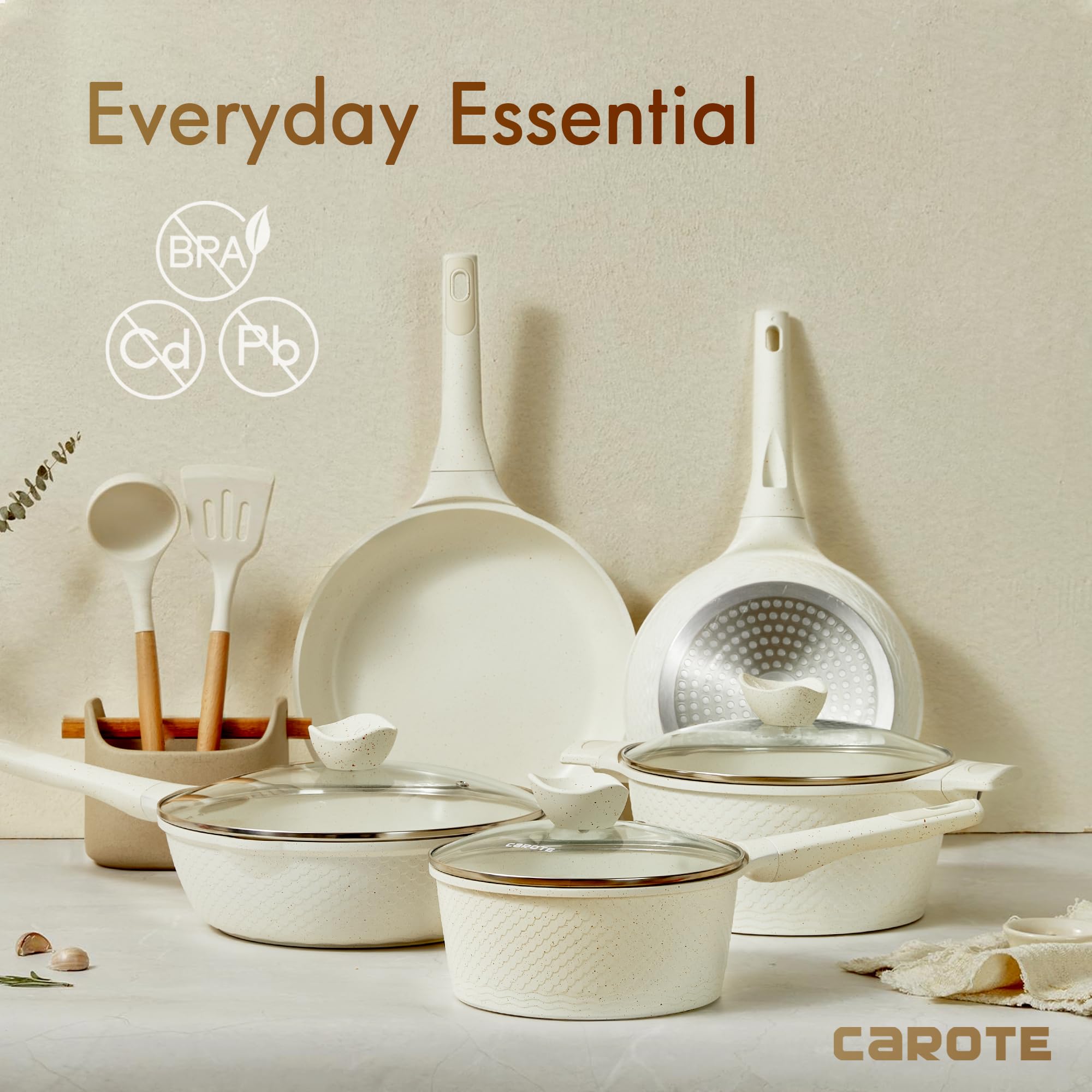 CAROTE Pots and Pans Set, 10 Pcs White Kitchen Induction Cooking Set Non Stick Cookware PFOS, PFOA Free