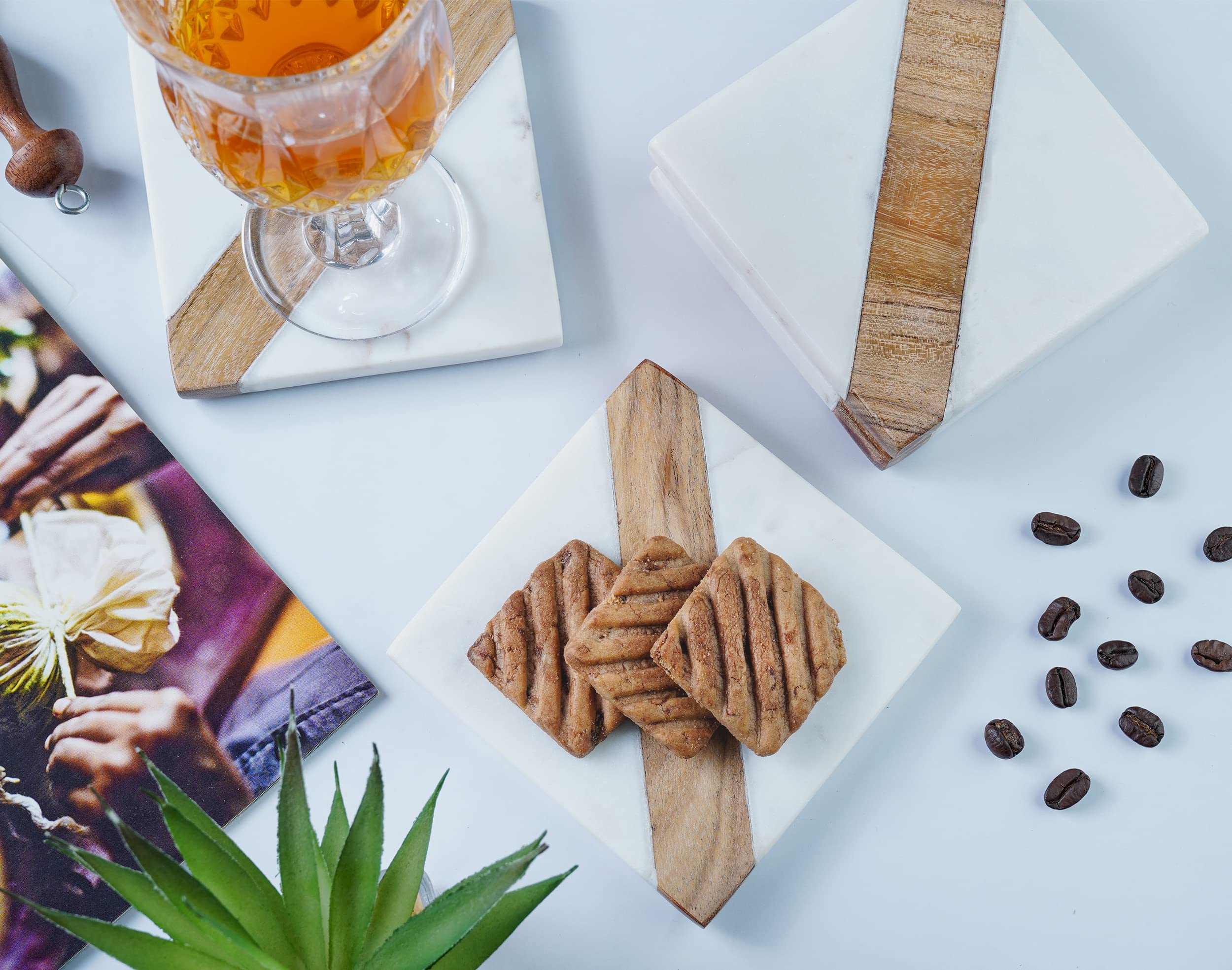 Crocon Marble & Wooden Coaster Set Square Shape Coaster for Dining Table Kitchen Decor Alabaster Marble and Wood Coaster Set Suitable for All Kinds of Mugs and Cups Size - 4x4X2 Inch