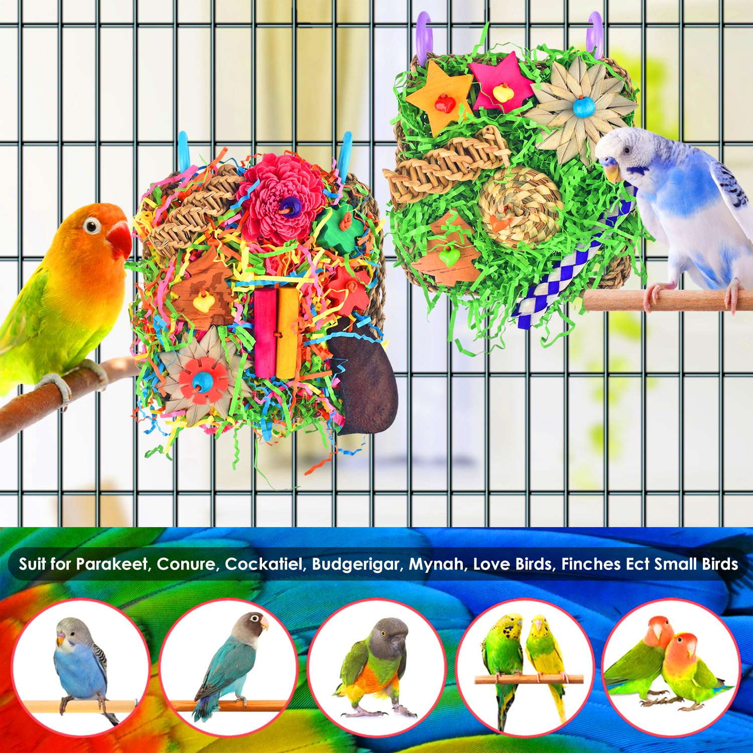 KATUMO Bird Toys, Parrot Grass Mat Foraging Wall Toys Parakeet Shredder Toys for Cockatiel, Conure, Lovebird, Budgie, Parakeet Small Medium Birds