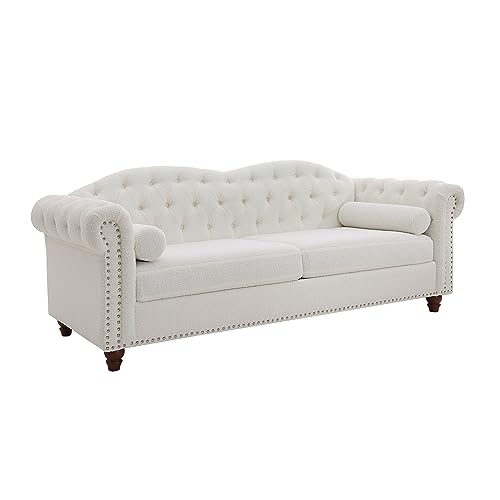 kevinplus 81'' Chesterfield Sofa Couch for Living Room, Modern Classic 3-Seat Upholstered Tufted Rolled Arm Fabric Sofa Couch for Apartment Bedroom Office, Solid Wood Leg, White