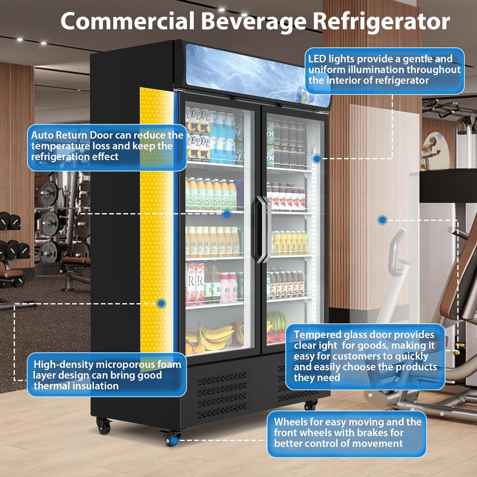 GarveeTech Commercial Refrigerator, Glass Door with LED Lighting - Upright Beverage Display Cooler for Home, Store, Gym, or Office, Featuring Double Swing Doors and 36.3 cu.ft
