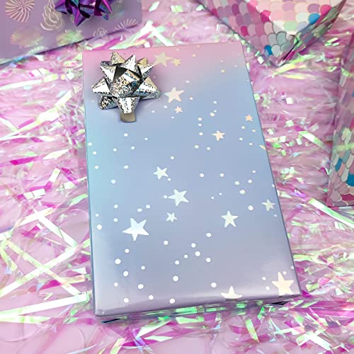 LDGOOAEL Mini Short Small Wrapping Paper Roll with Cut Lines on Reverse (17" X 120" Per Roll) - Purple Mermaid Scales/Galaxy with Glitter Metallic Foil Shine for Birthday, Wedding, Baby Shower,Bridal Showers