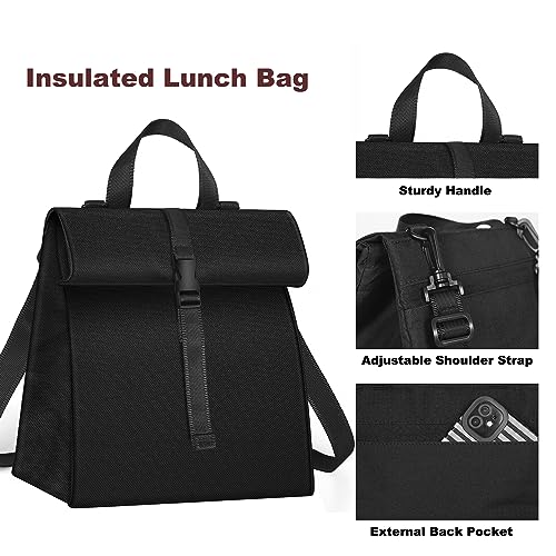 Lunch Bag for Women & Men, Foldable Lunch Box for Adults Insulated Lunch Bag for Office Work Picnic with Shoulder Strap, Black