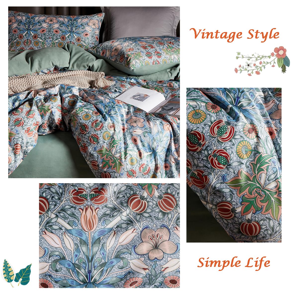 KASBLUEL Boho Floral Duvet Cover King, 5 Pieces Green Paisley Comforter Covers, Aesthetic Bedding Sets, Artistic Flower Pattern Bed Set, Soft Microfiber Vintage Style with Zipper