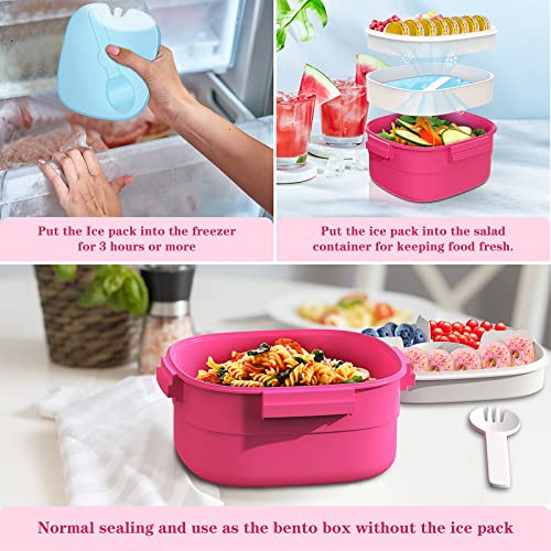 Stackable Salad Lunch Containers With Ice Pack, 1.3L Salad Bowls Bento Box Lunch Container with 4 Compartments Tray, 3oz Sauce Container for Dressings, Built-In Reusable Fork & BPA-Free (Pink)