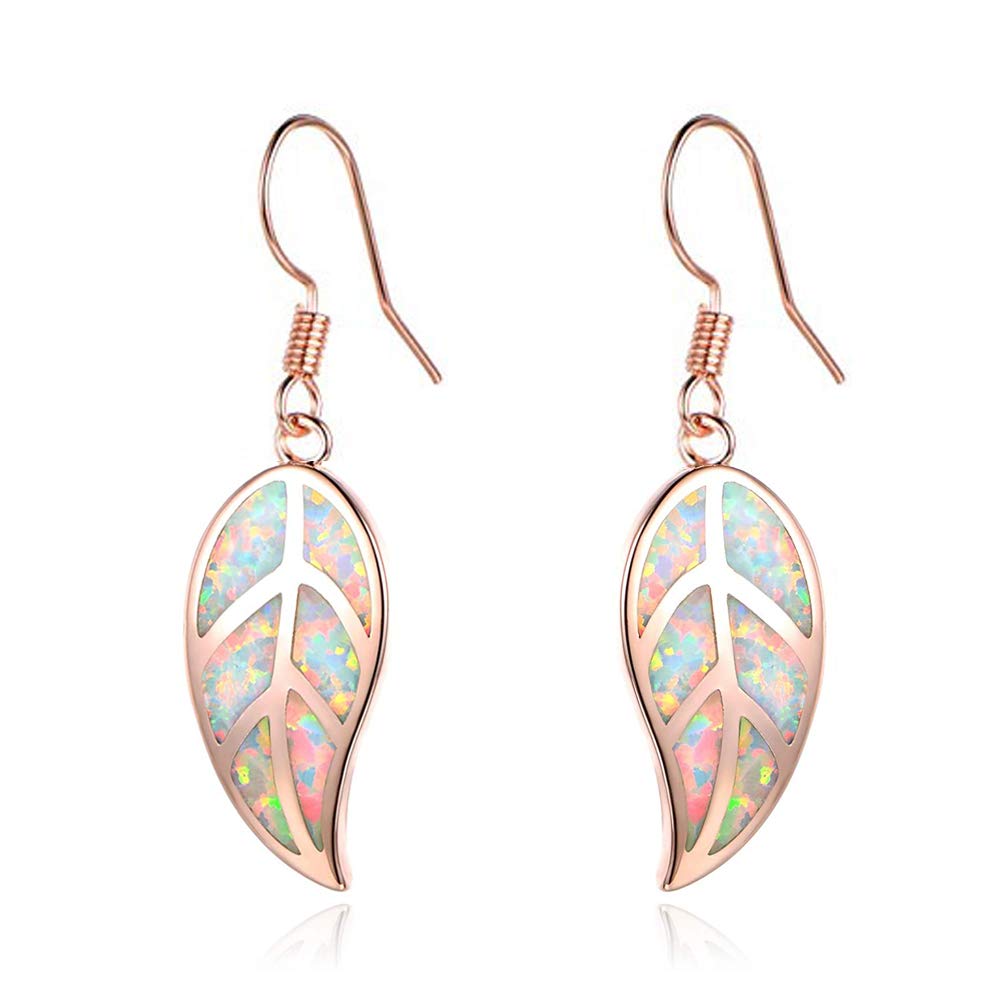 CINily Rose Gold Opal Dangle Earring-Leaf Drop Earrings White Opal Gemstone Dangle Earrings for Women