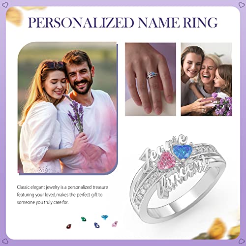 Custom Made 3D Names Ring for Women, Personalized 2 Birthstones Mother Ring 925 Sterling Silver Promise Rings for Her (9)