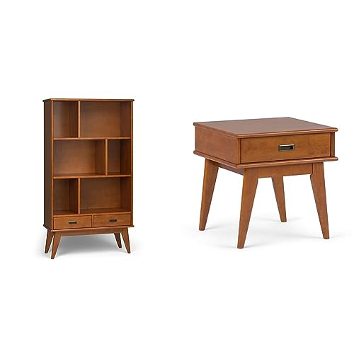 SIMPLIHOME Draper Solid Hardwood 35 Inch Mid Century Modern Wide Bookcase and Storage Unit in Teak Brown & Draper Solid Hardwood 22 inch Wide Rectangle End Side Table in Teak Brown