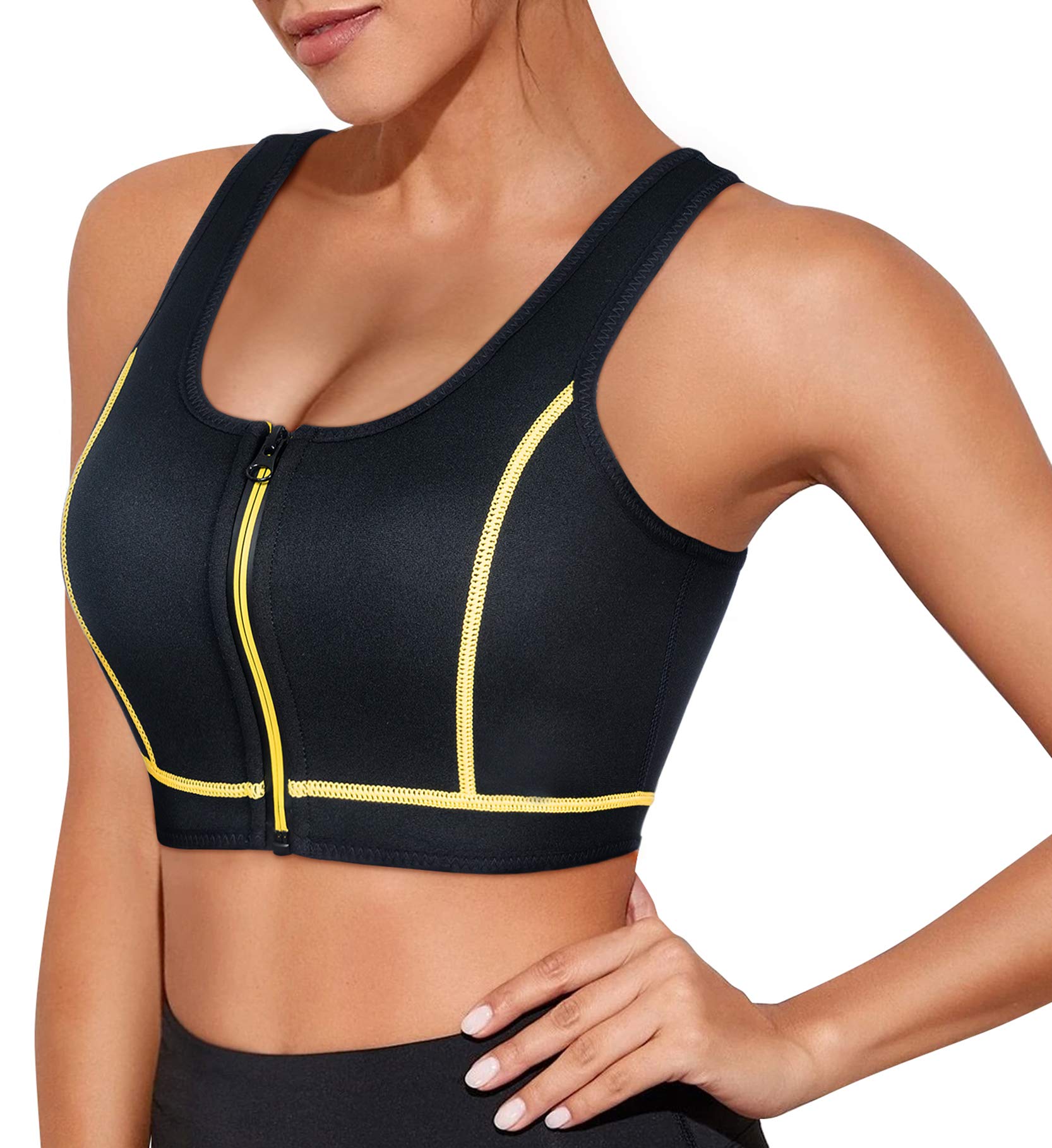 CtriLady Women High Impact Neoprene Sport Bra Front Zipper Crop Tank Top Full Cup Vest for Surfing Snorkeling Fitness (Black Yellow,M)