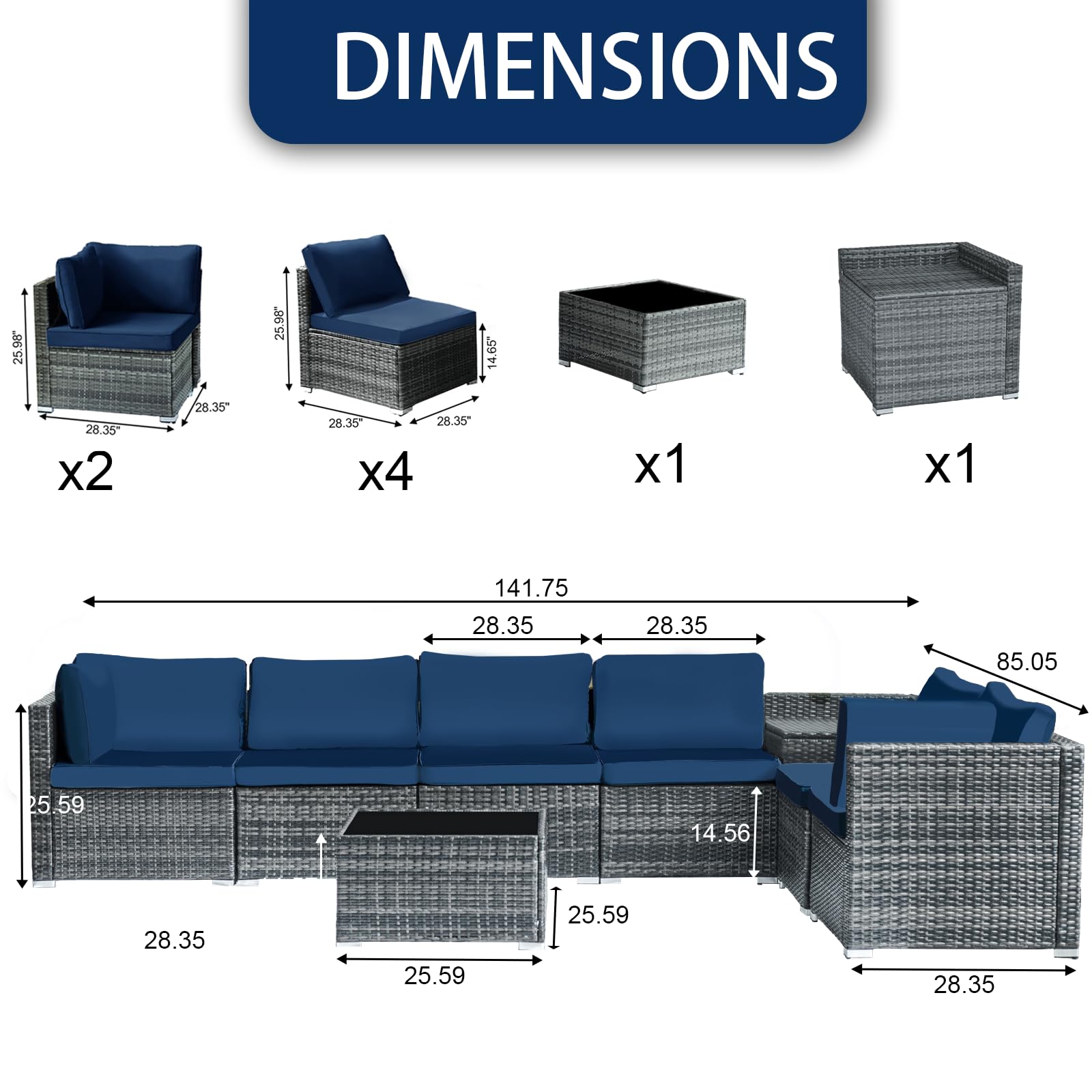 Generic 8 Pieces Outdoor Wicker Rattan Patio Furniture Sectional Set, Modular Sofa Sections with Cushions, PE Rattan Wicker Conversation Sets with Glass Top Coffee Table & Hidden Storage (Gray-Blue)