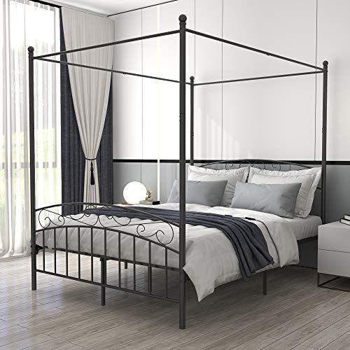 RYR Sturdy Metal Canopy Bed Frame Four-Poster Platform Bed Queen Size with Headboard and Footboard,Metal Slat Support No Noise No Box Spring Required Black