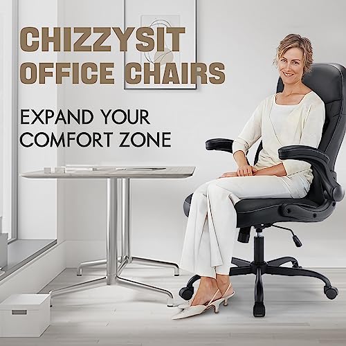 chizzysit Ergonomic Executive Office Chair with Airbag Lumbar Support,Comfortable Leather Office Desk Chair with Flip-up Arms,Computer Desk Chairs with Wheels,Home Office Desk Chairs