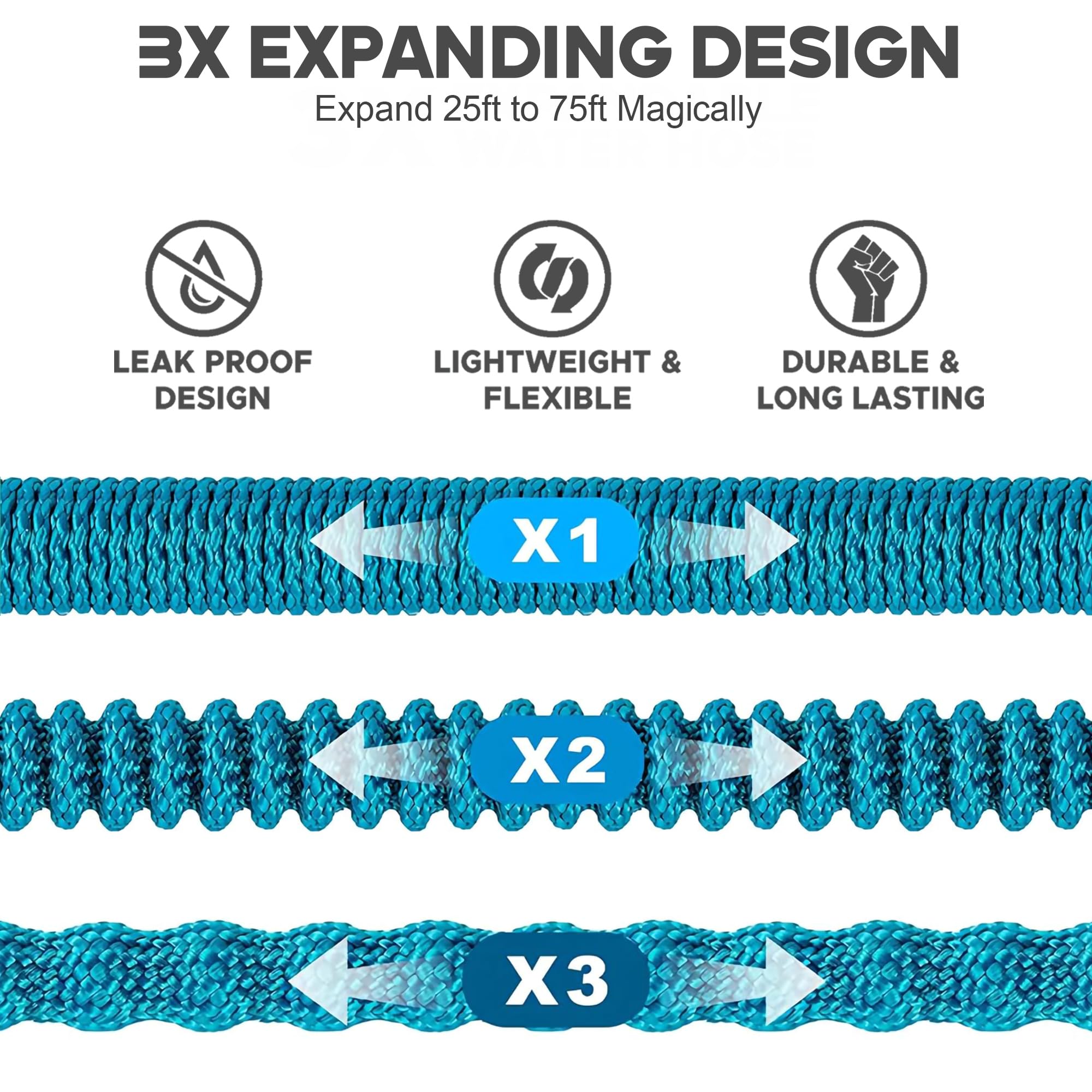 Expandable Garden Hose 75 ft with 10 Function Spray Nozzle - New Patented Water Hose with 50 Layers of Innovative Nano Rubber - Lightweight, Durable, Flexible, 75ft Retractable Stretch Hose, Blue