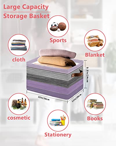 Large Capacity Storage Bins 2Pcs Stripe Wood Grain Purple and Grey Storage Cubes, Collapsible Storage Baskets for Organizing for Bedroom Living Room Shelves Home 15x11x9.5 In