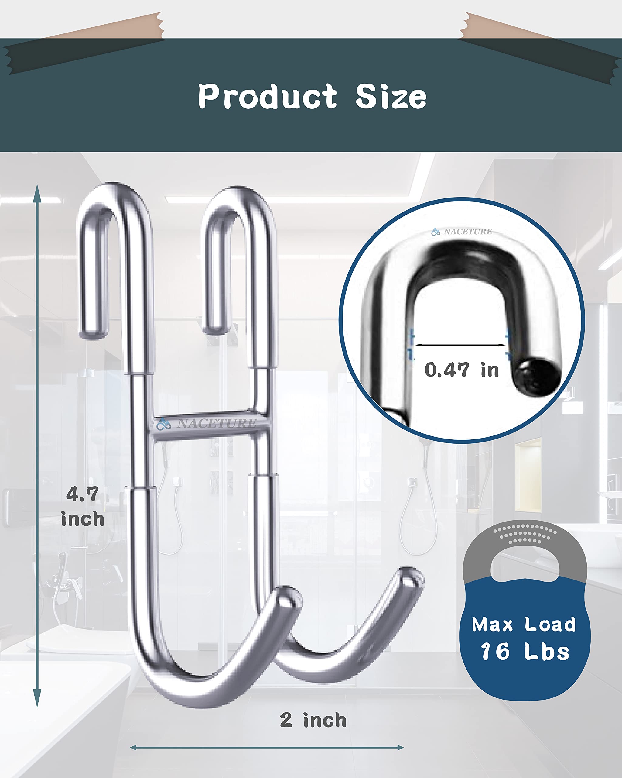 NACETURE Over Shower Door Hooks (3 Pack) Towel Hooks Towel Hanger for Bathroom No Drill Frameless Glass –Stainless Steel Bar Holder, Shower Squeegee Rack, Glass Robe Hook for Organize (Clear 3 Pack)