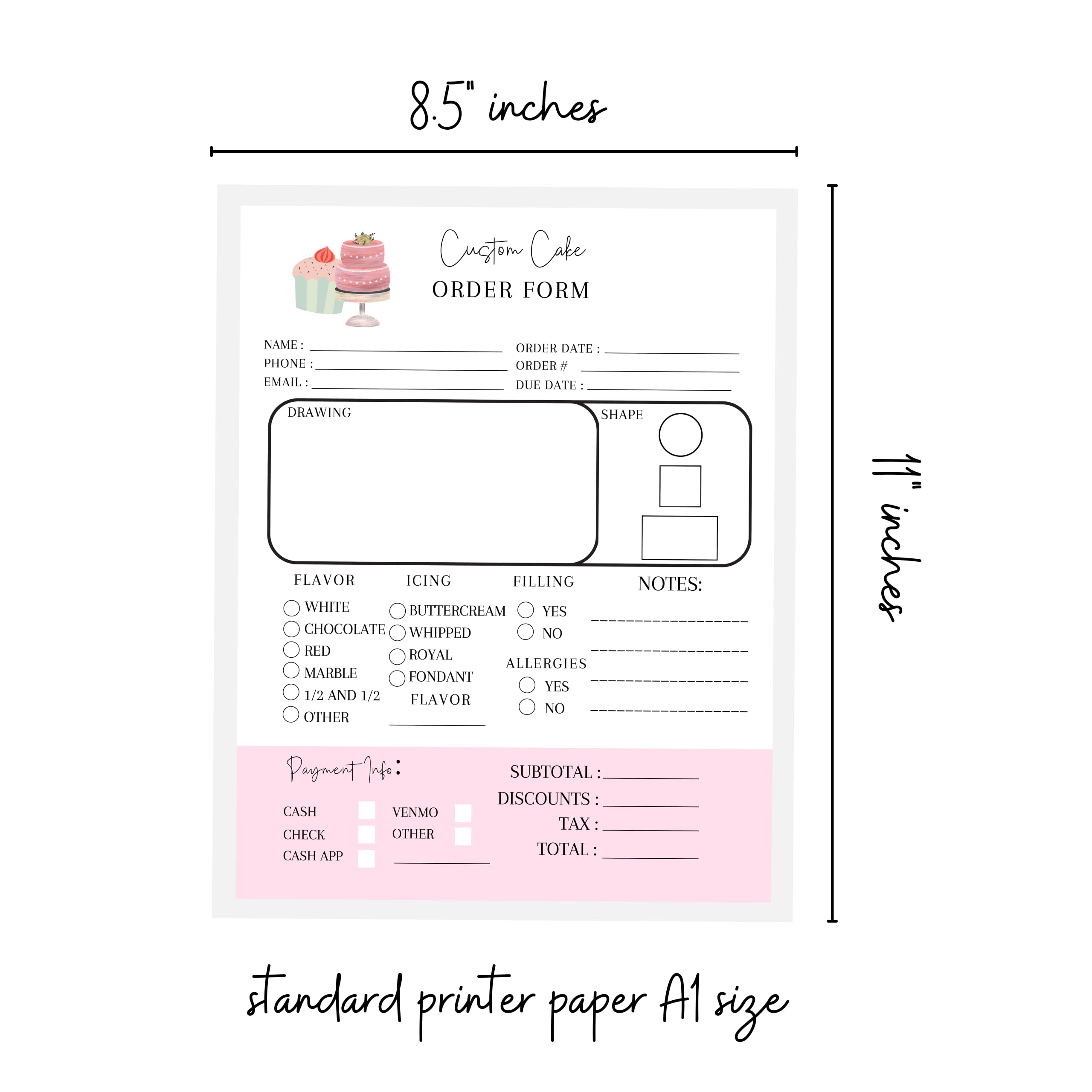 Custom Cake Order Form Sheets | 50 pk | for Bakers Dessert Wedding Birthday Party Cake Form Book Bakers Supplies Small Business Planner 8.5x11β inches