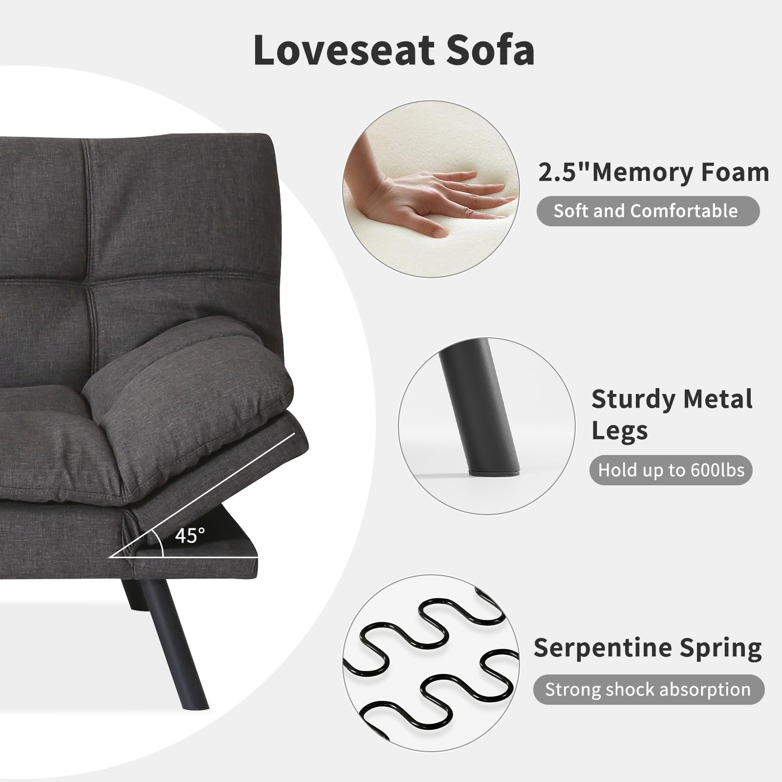 OLIXIS Futon Sofa Bed,Convertible Sofa Bed Couch, Memory Foam Loveseat Sofa,Small Splitback Sofa Sleeper for Office,Living Room,Grey