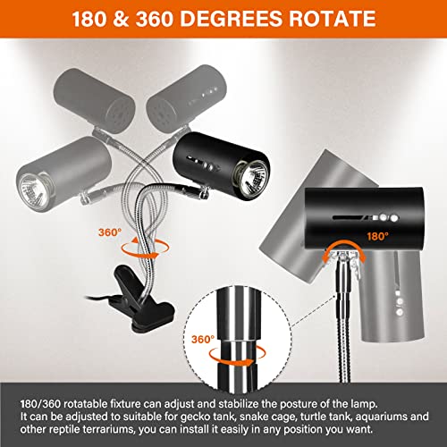 Simple Deluxe Reptile Lamp Fixture Holder Clamp Lengthened Adjustable Socket with Wider and Deeper Spot Light Barrel Dimmable Switch 25W UV Bulb Included, for Lizard Tortoise Snake Aquarium Habitat