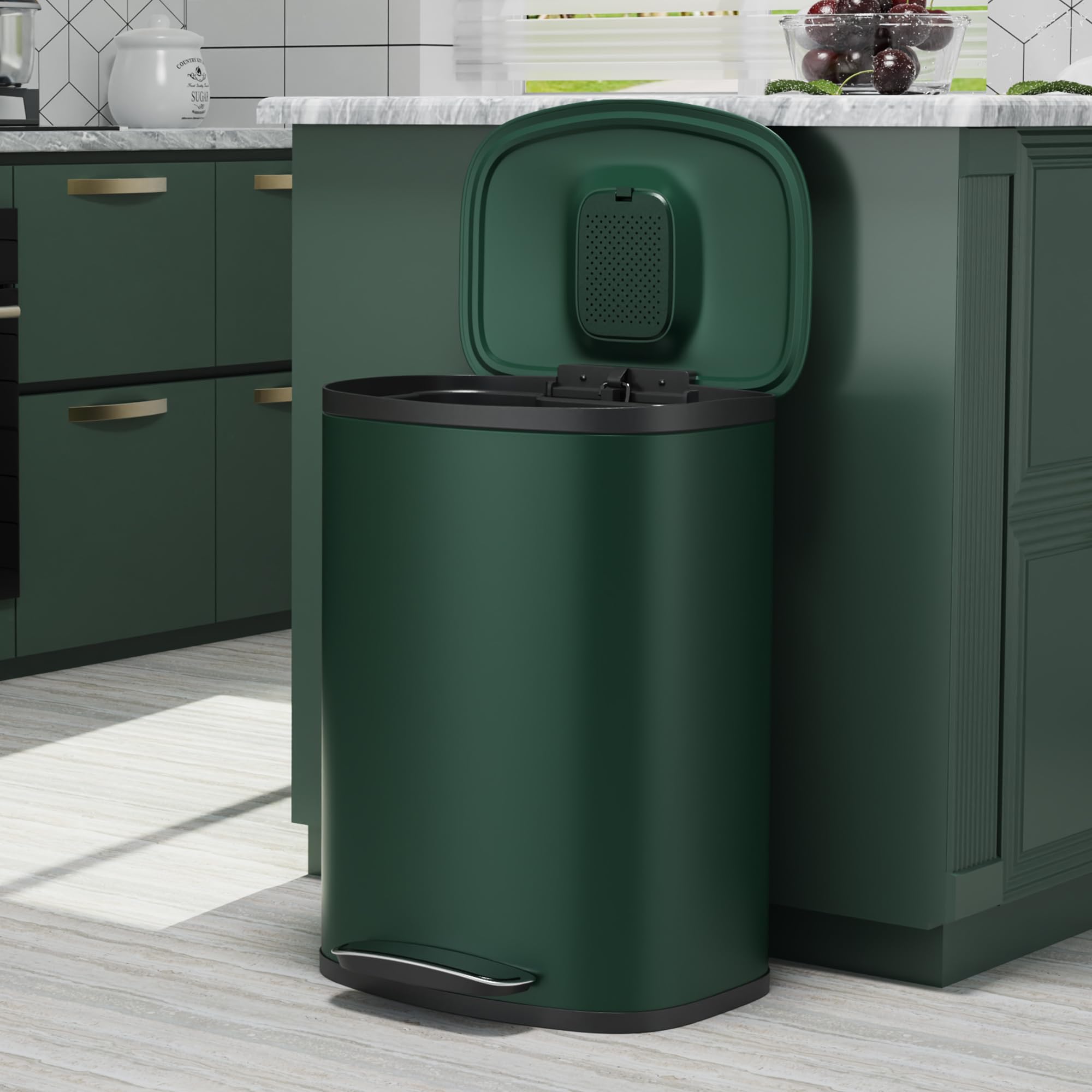 Kitchen Trash Can 50L/13 Gallon, Stainless Steel Garbage Can with lid, Heavy Duty Trash Bin w/Soft-Close Foot Pedal & Exquisite Oval Shape Cover, Hands-Free, Satin Nickel Finish, Smudge Resistant