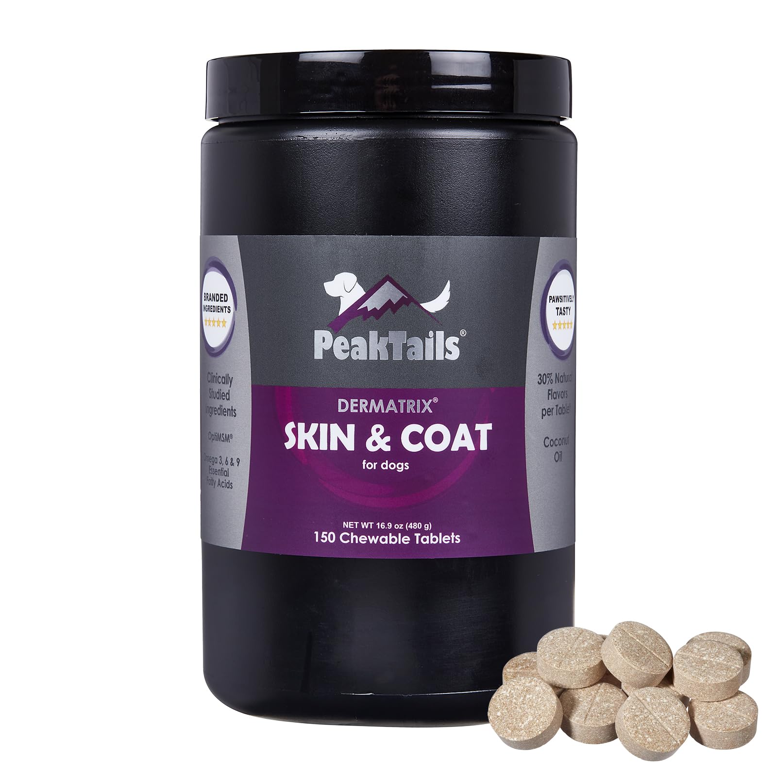 PeakTails Dermatrix, 150 Count Tablets for Dogs, Supports Healthy Skin, Shiny & Reduce Excessive Shedding, Contains MSM, Fish Oil & Omega 3 & 6 Essential Fatty Acids