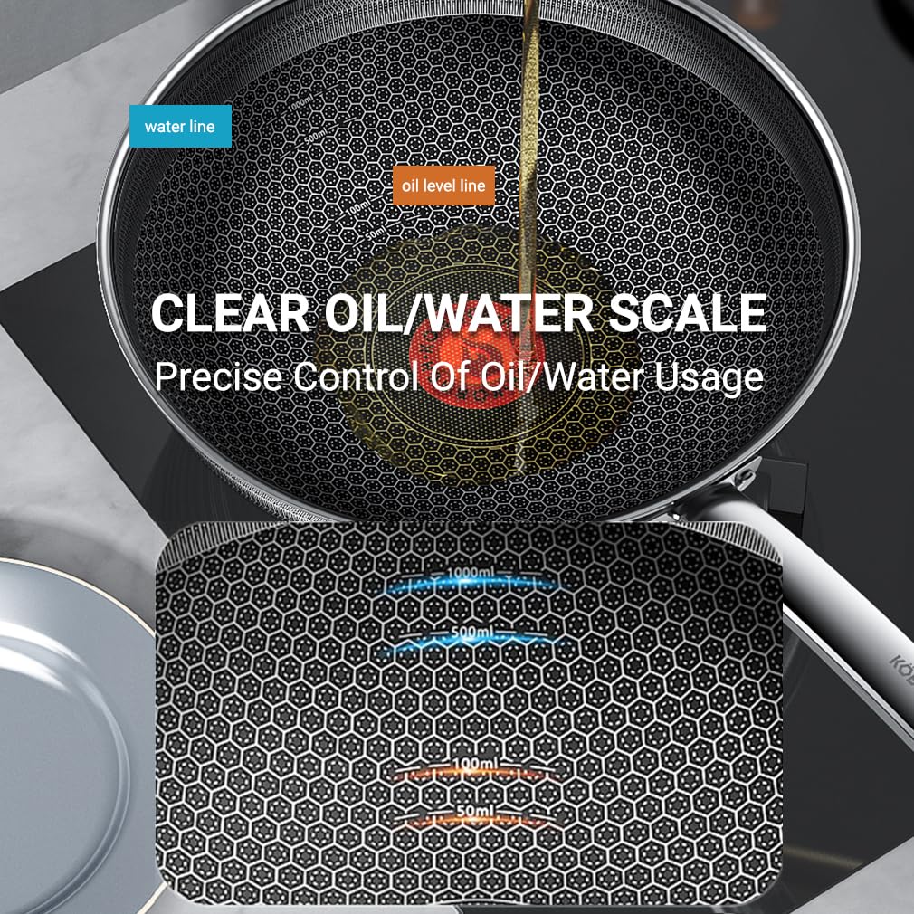 KBH KGH-C32A Nonstick Frying Pan with Lid, Honeycomb Stainless Steel Wok, Suitable for All Cooktops, 32 CM(12.6 INCH)