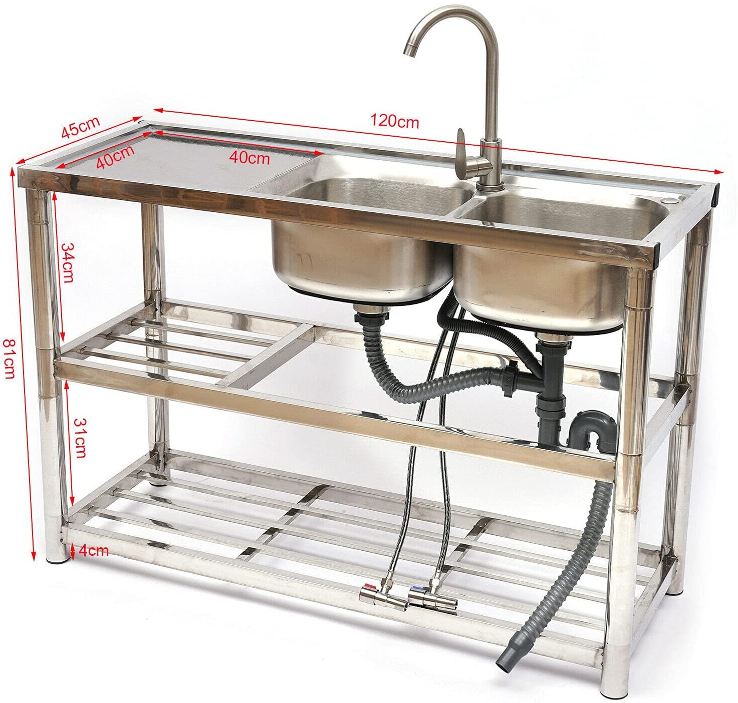 Commercial Restaurant Sink,Stainless Steel Utility Sink Free-standing Kitchen Sink,Double Bowl Kitchen Sinks with Strainer,304 Stainless Steel Freestanding Kitchen Sink