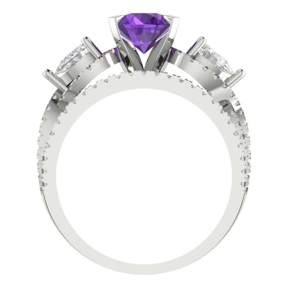 Clara Pucci 2.0ct Round Cut Solitaire 3 stone Natural Amethyst Engagement Promise Anniversary Bridal Ring Band set Real 14k White Gold 4