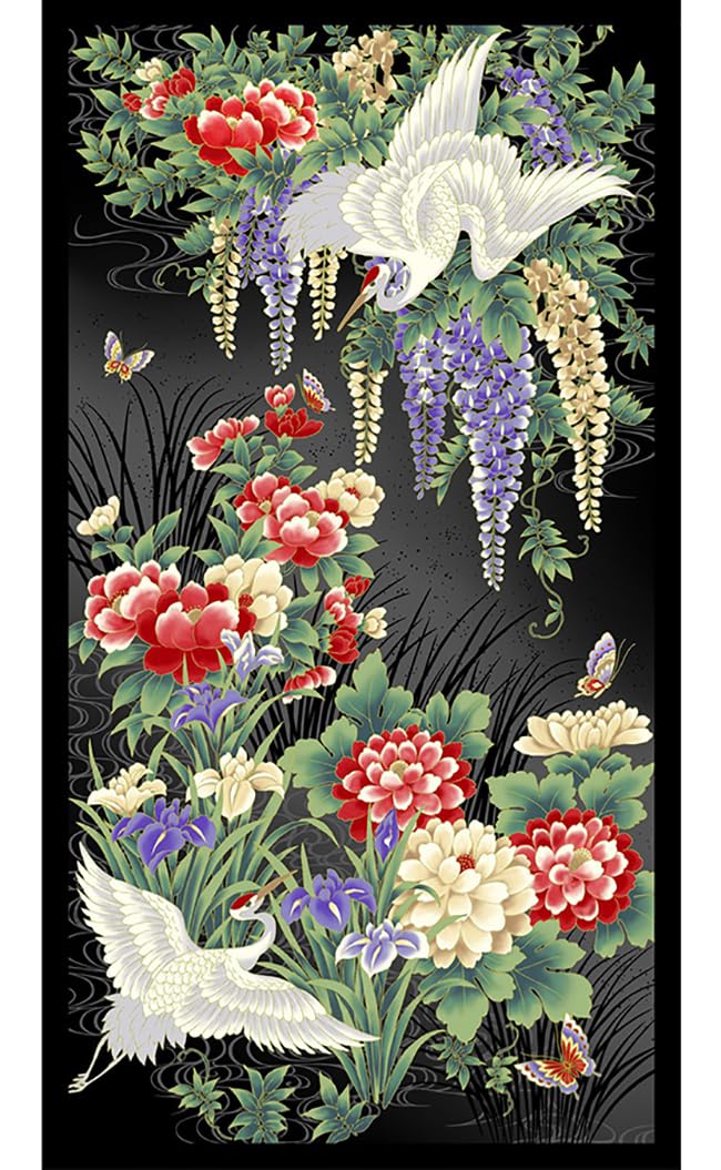 Generic Asian Quilting, Sewing Fabric - TSURU Crane and Floral Garden - 5256 - Fabric Panel, Black