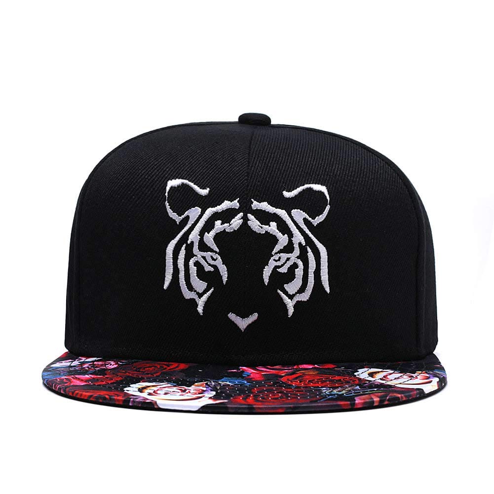 CLOTIME Tiger Embroidered Floral Snapback Hat 3D Rose Floral Print Visor Caps Twill Flat Bill Adjustable Baseball Cap (Black Rose Tiger)