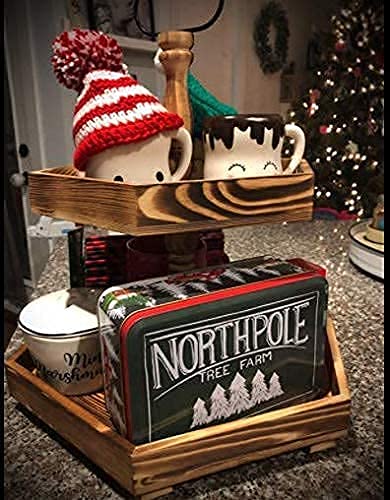 Farmhouse Tiered Tray - Two Tier Tray in Rustic Wood for Kitchen Counter, Wooden Serving Tray, Cupcake Stand, Coffee Bar and Food Display