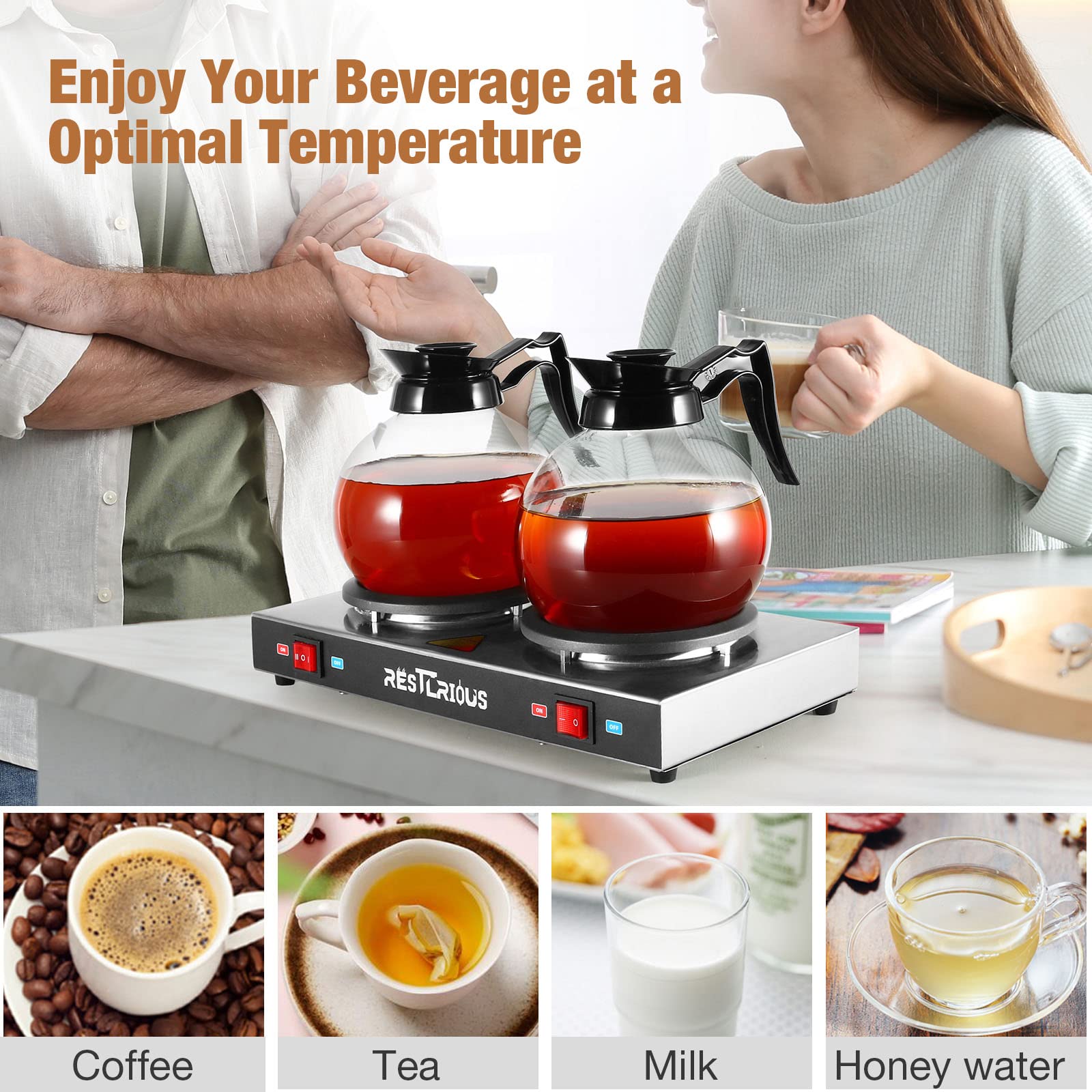 Restlrious Commercial Coffee Warmer Double Burner Decanter Warmer Plate, Stainless Steel Portable Warmer for Standard Glass Decanter, Suitable for Cafe, Break Room, Buffet, Event and Commercial Use