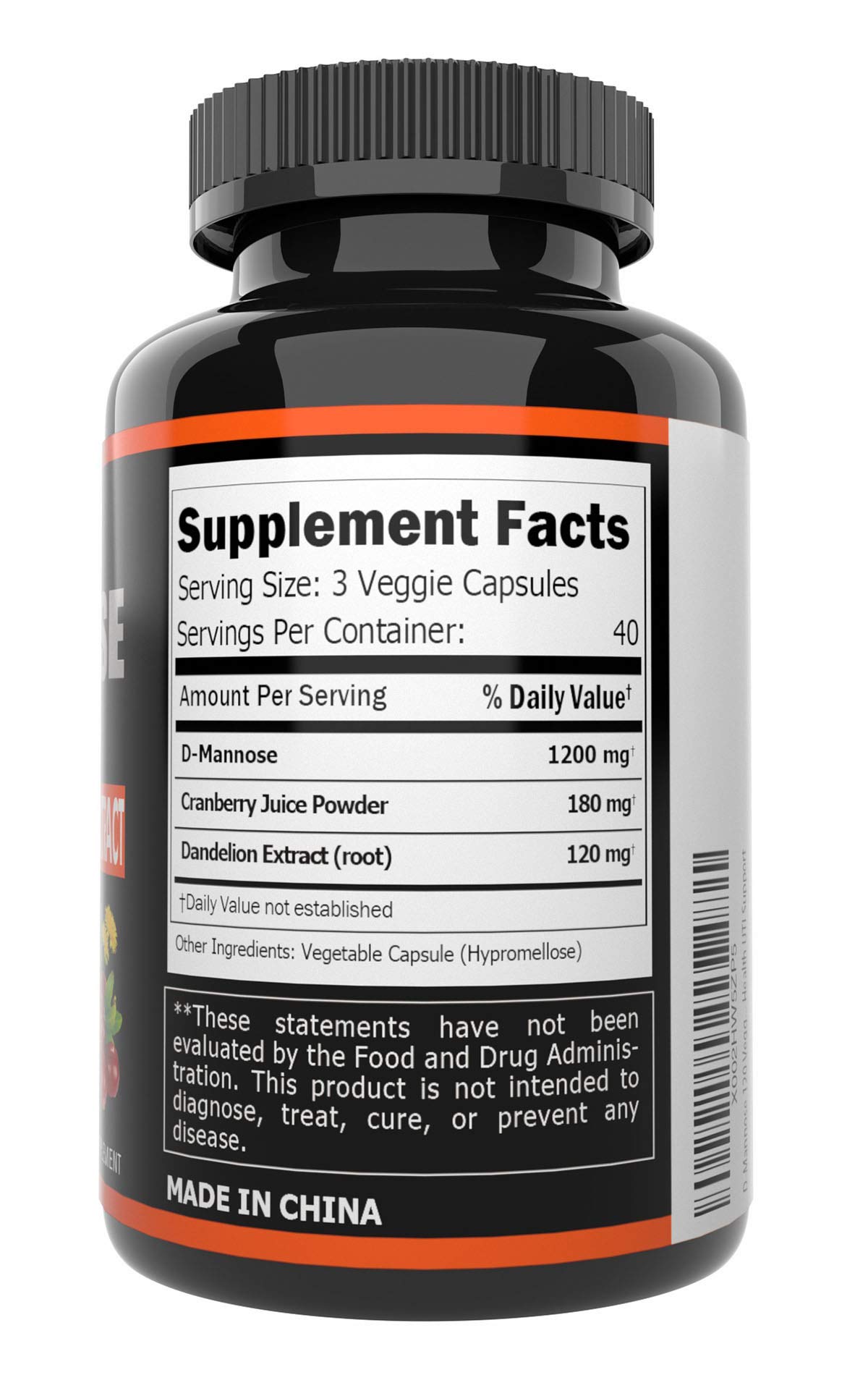 D-Mannose 120 Veggie Capsules, 1200 mg D Mannose Powder per Serving with Cranberry and Dandelion Extract - Natural Urinary Tract Health UTI Support