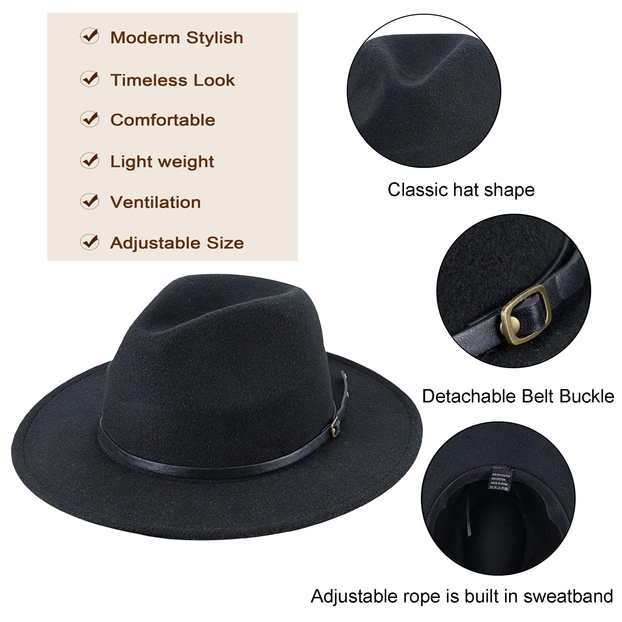 Classic Felt-Fedora Hat with Belt Buckle Women Wide Brim Wool Panama-Hat Adjustable(Size:S-M)