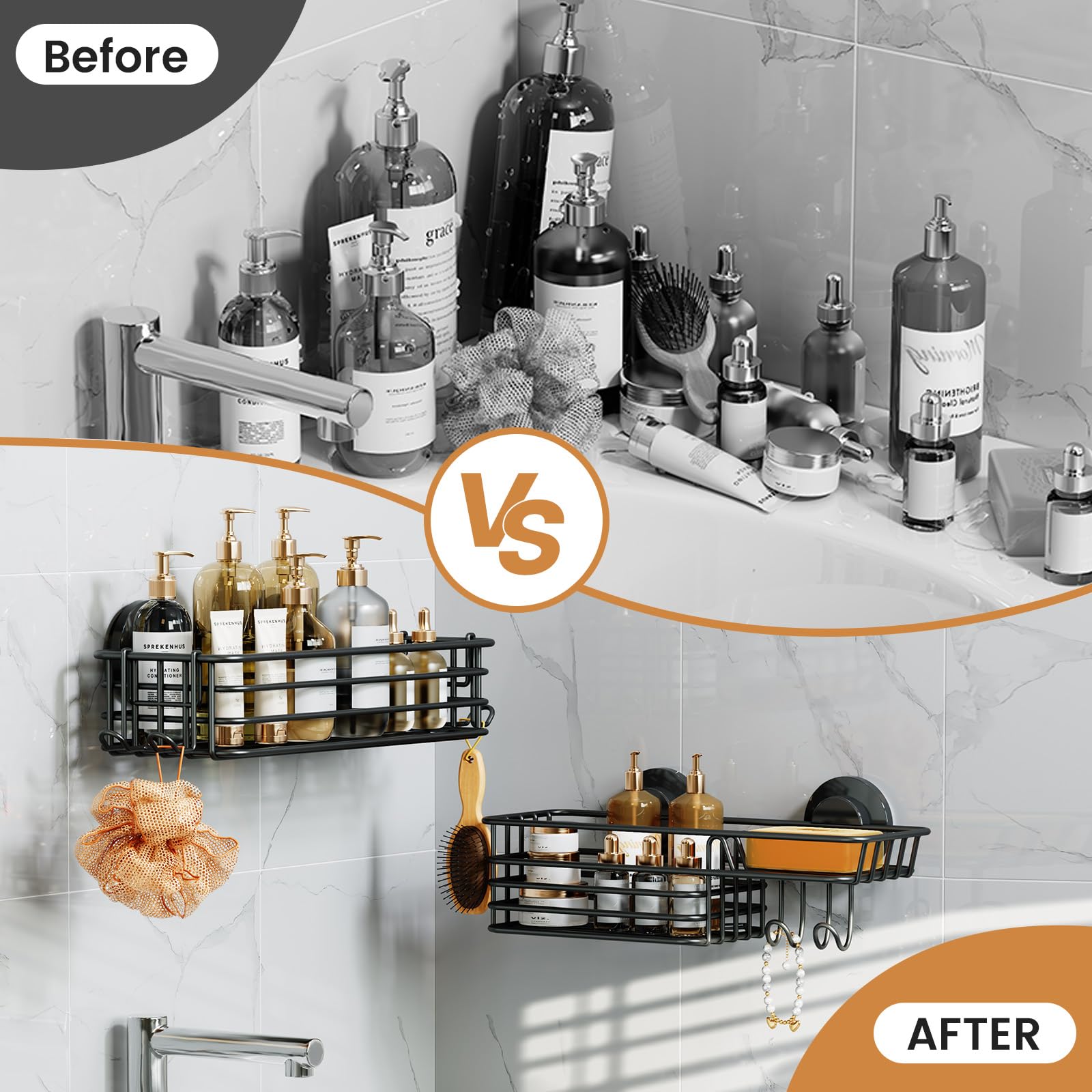 LEVERLOC Shower Caddy Suction Cup, 2 Pack Shower Shelves for Inside Shower with Hooks & Soap holder, NO-Drilling Suction Bathroom Shower Organizer, Stainless Steel Black Shower Storage