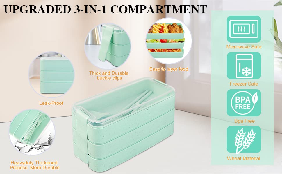 KUBYA Bento Lunch Box Set,Stackable Lunch Container Leak-Proof 3-In-1 Compartment With Ice Packs, Reusable Lunch Bag, Food Bags, Sauce Cups, Lunch Box Microwave Freezer Safe(GREY)
