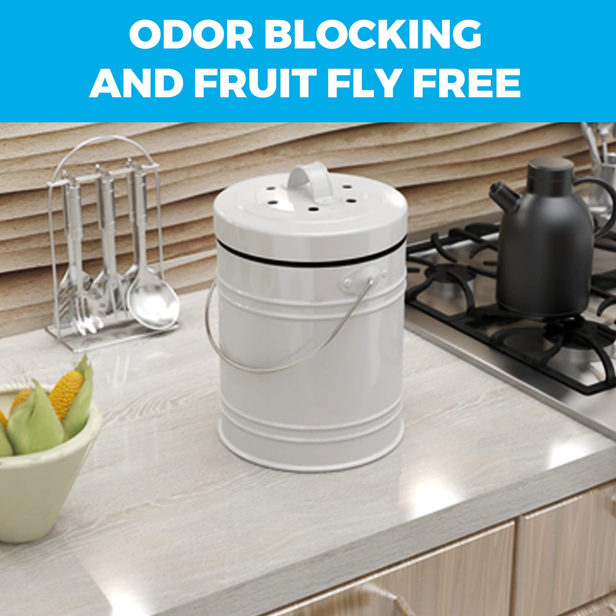 Cooler Kitchen 3 Liter Red Countertop Compost Bin - Kitchen Compost bin with EZ-No Lock Lid, Plastic Liner & Charcoal Filters - Sturdy Construction & Odor-Free Seal to Prevent Smell, Dishwasher Safe