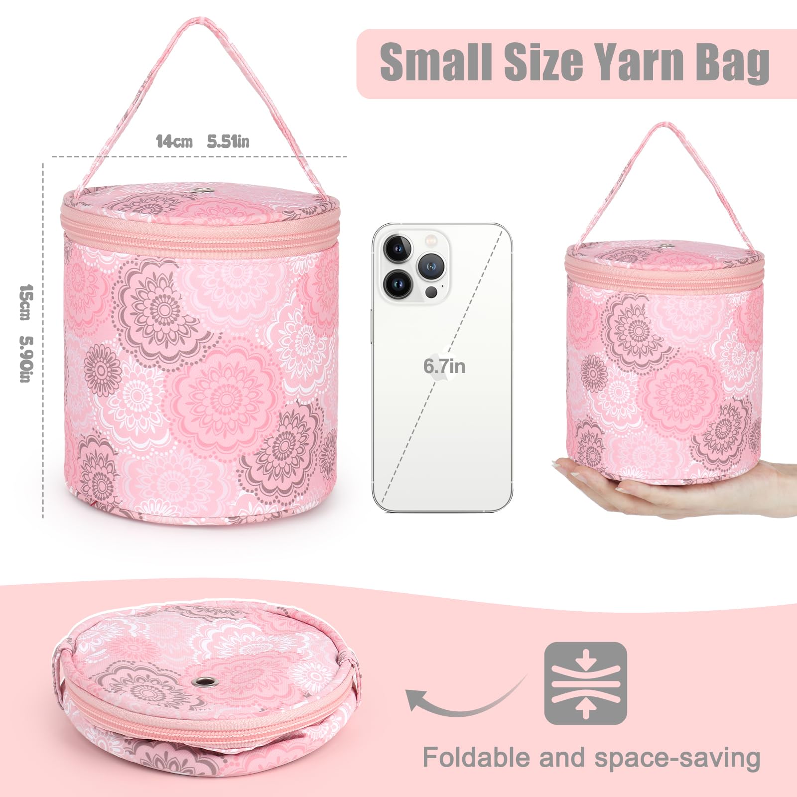 Katech Mini Yarn Storage Bags, Portable Yarn Bag for Crocheting with Holes Organizer Crochet Thread Sewing Accessories Storage Tote Bag for Carry Crochet Hooks Skein Yarn (Pink Floral)