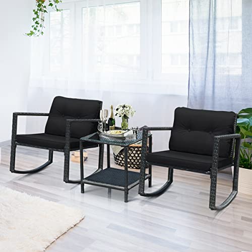 N/A 3PCS Patio Rattan Furniture Set Rocking Chairs Cushioned Sofa Black Rocking Chair