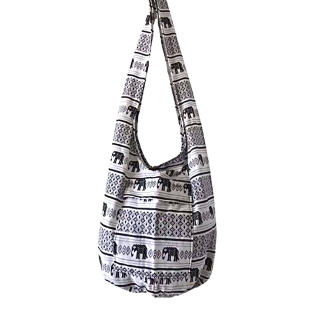 Elephant shoulder bag, satchel bag, local fabric, Black and White