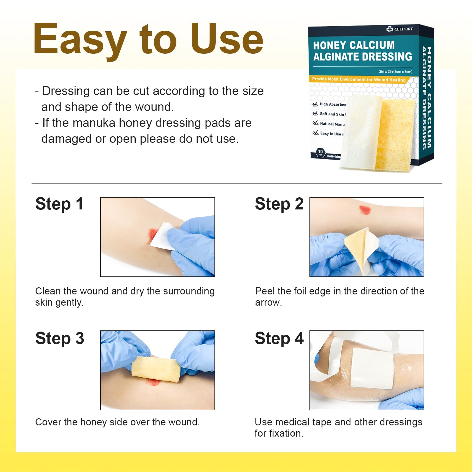 Ceeport Manuka Honey Calcium Alginate Wound Dressing, 2"x 2" High Absorbency Honey Wound Dressing with Calcium Alginate, Medical Grade Manuka Honey Wound Care Bandages Patches for Wounds(Pack of 10)