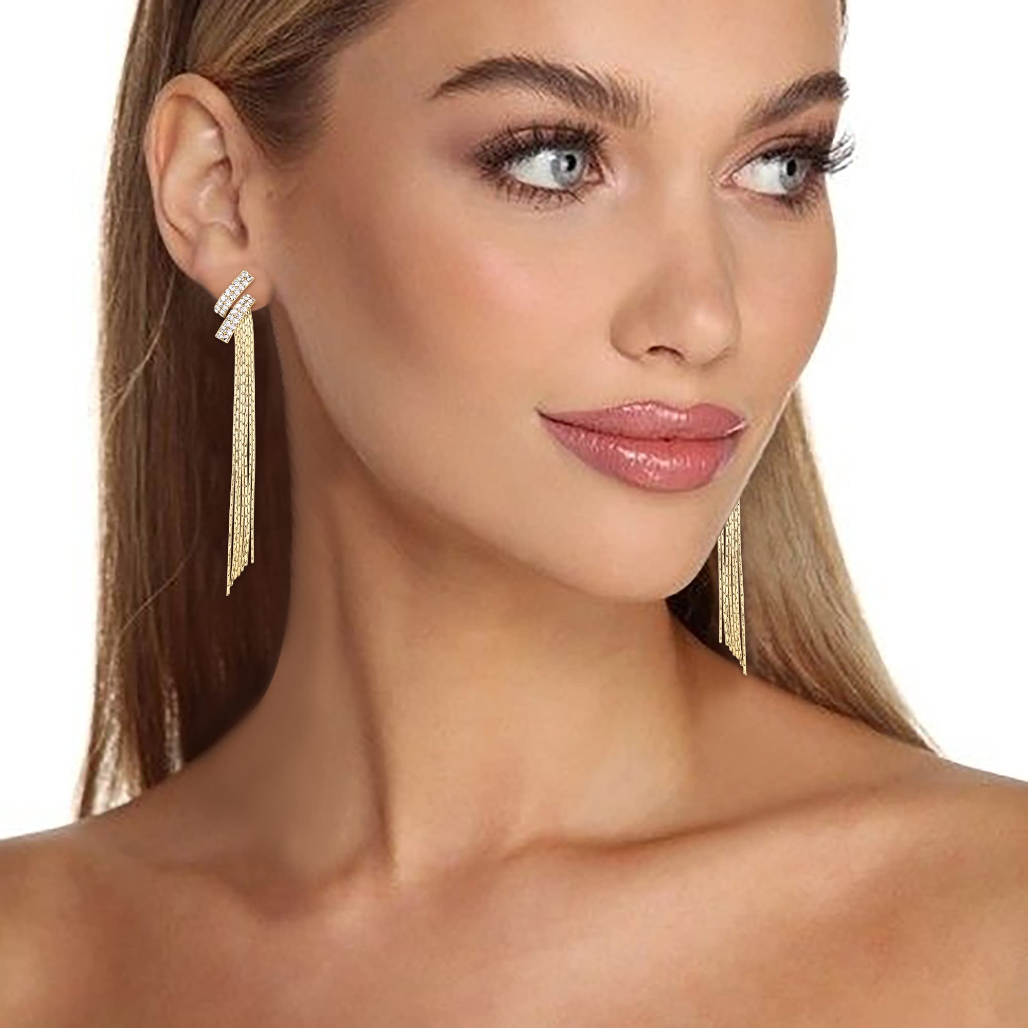 EleQueen 3 Chain Long Tassel Earrings, Gold Plated Cubic Zirconia Dangle Earrings for Women Wedding Party Prom